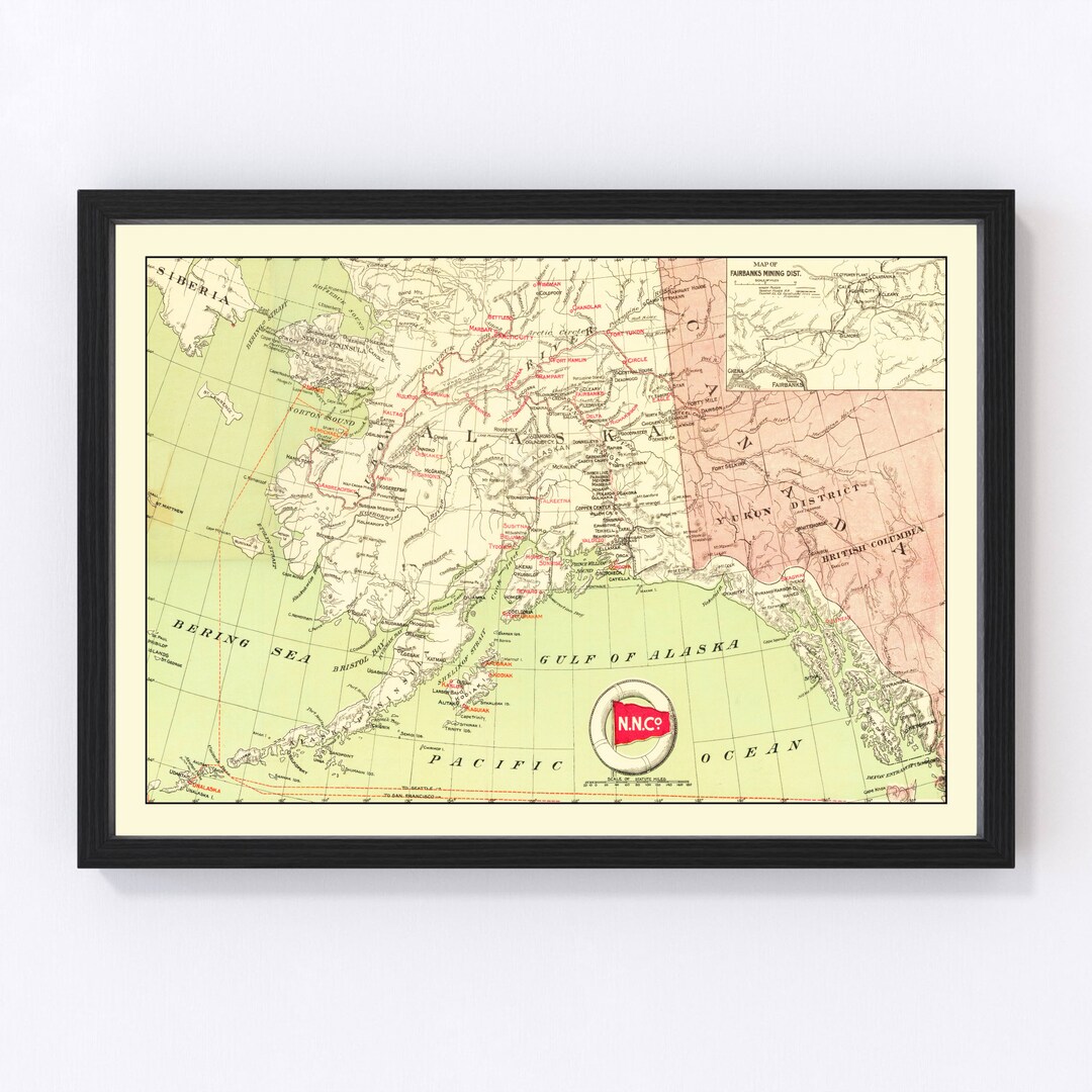 Alaska Gold Fields Map 1910, Vintage Alaska Gold Fields Map, Old Alaska ...