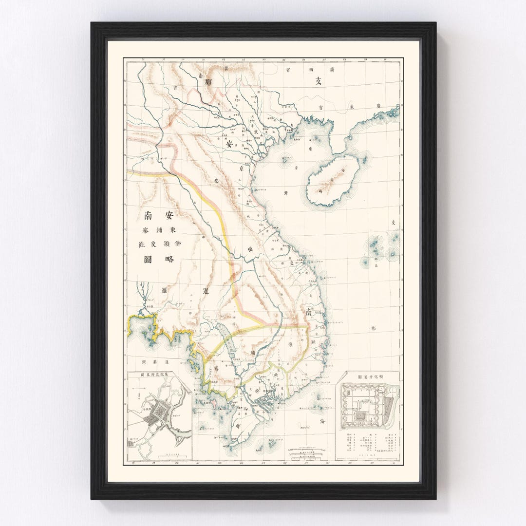 Vietnam Map 1881 - Old Map of Cambodia & Vietnam Art Vintage Print ...