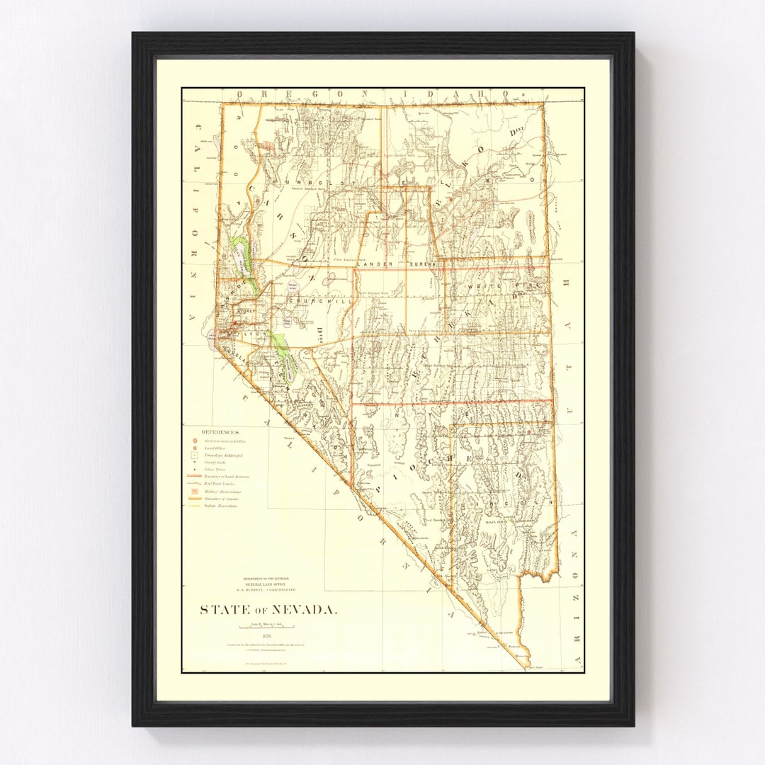 Nevada Map 1876 Old Map of Nevada Art Vintage Print Framed Wall Art ...