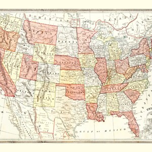 United States Map Art Vintage Print From 1883 Old United States Art ...