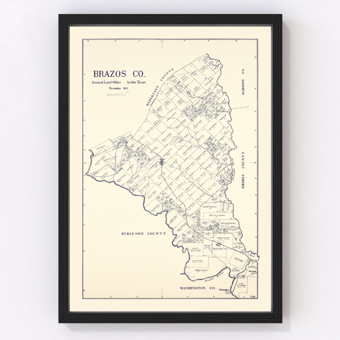Brazos County Map 1922, Vintage Brazos County Map, Old Brazos County ...