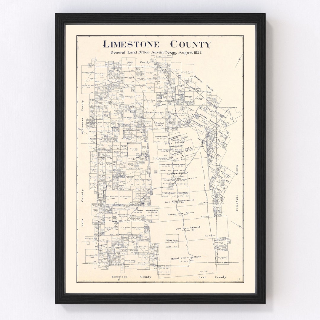 Limestone County TX Map 1922 Old Map of Texas Art Vintage Print Framed ...