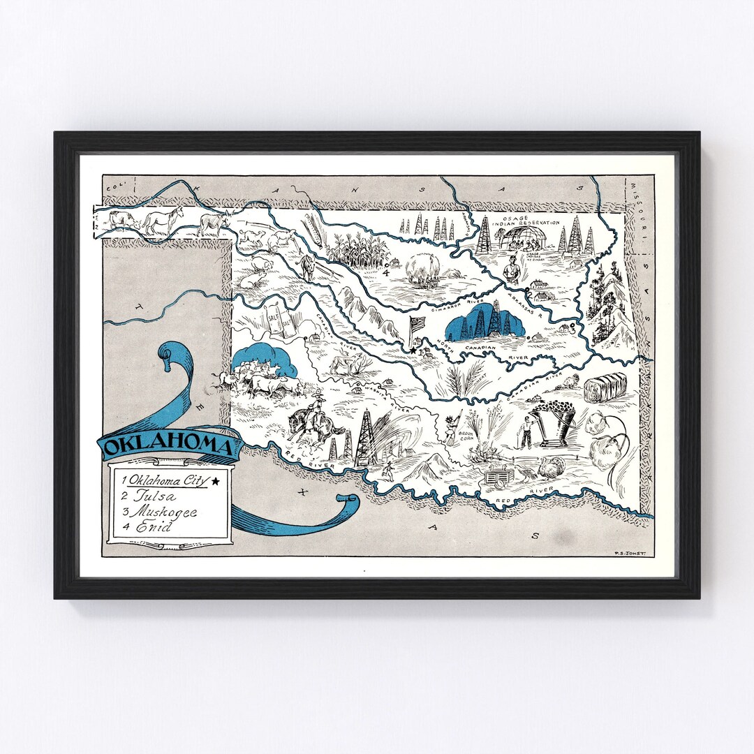 Oklahoma Map 1931 Old Map of Oklahoma Art Vintage Print Framed Wall Art ...