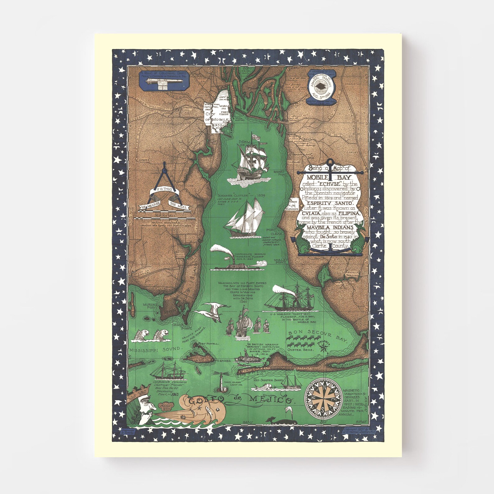 Mobile Bay Map 1937 - Old Map of Mobile Bay Art Vintage Print Framed ...