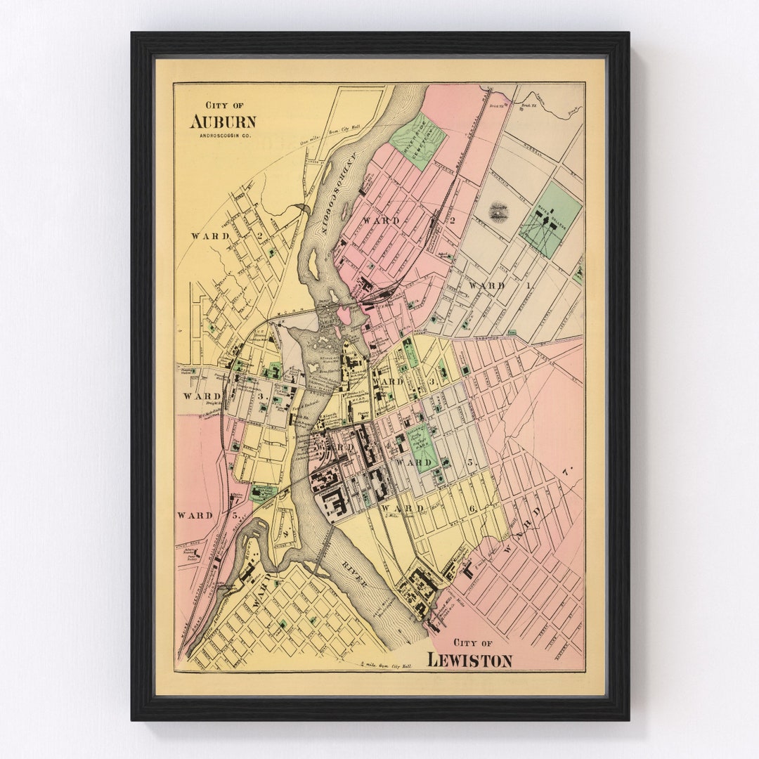 Auburn Map 1894 Old Map of Auburn Maine Art Vintage Print Framed Canvas ...