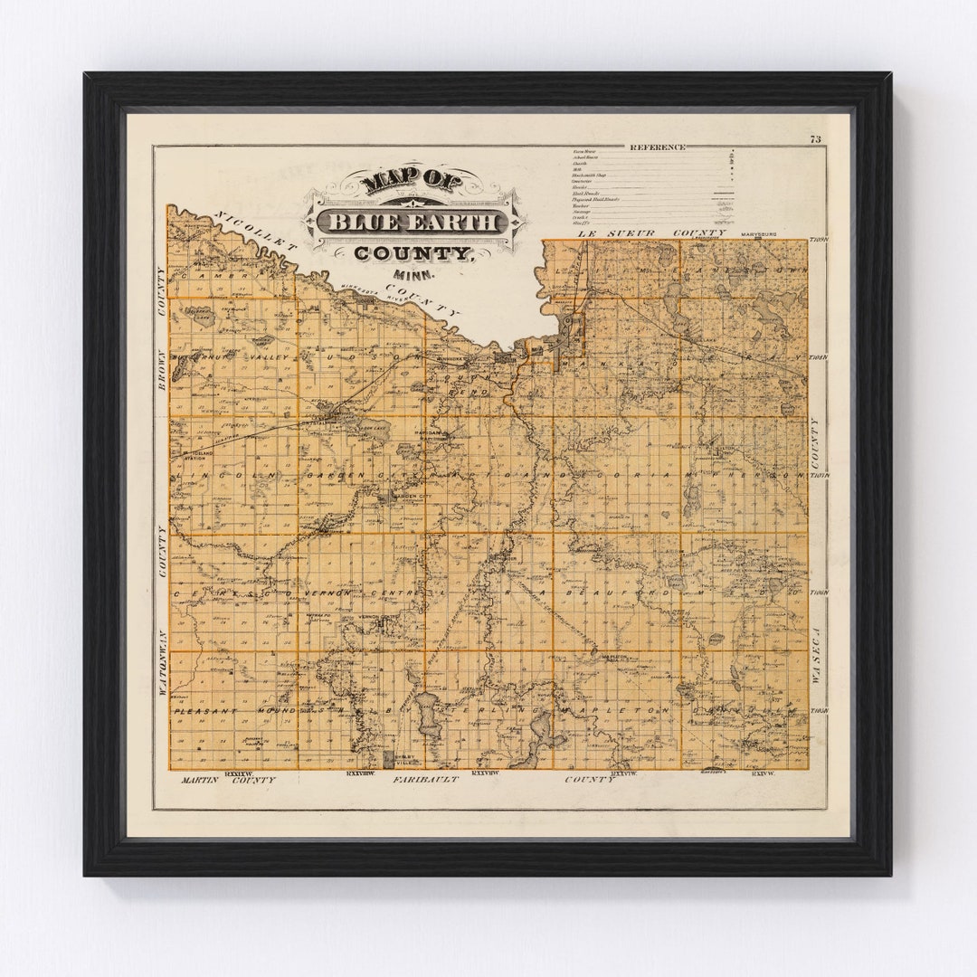 Blue Earth County Map 1874, Vintage Blue Earth County Map, Old Blue ...