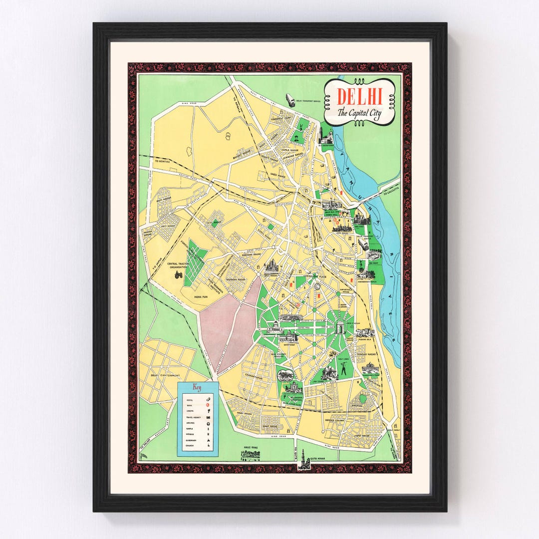 Delhi Map 1960, Vintage Delhi Map, Old Delhi Art, Wall Art Gift for ...