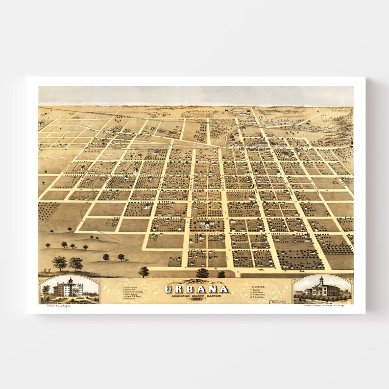 Urbana Map 1869, Vintage Urbana Map, Old Urbana Illinois Art, Wall Art ...