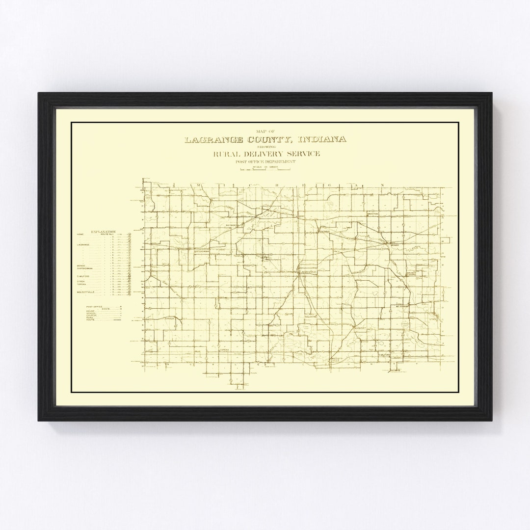 Lagrange County IN Map 1909 Old Map of Indiana Art Vintage Print Framed ...