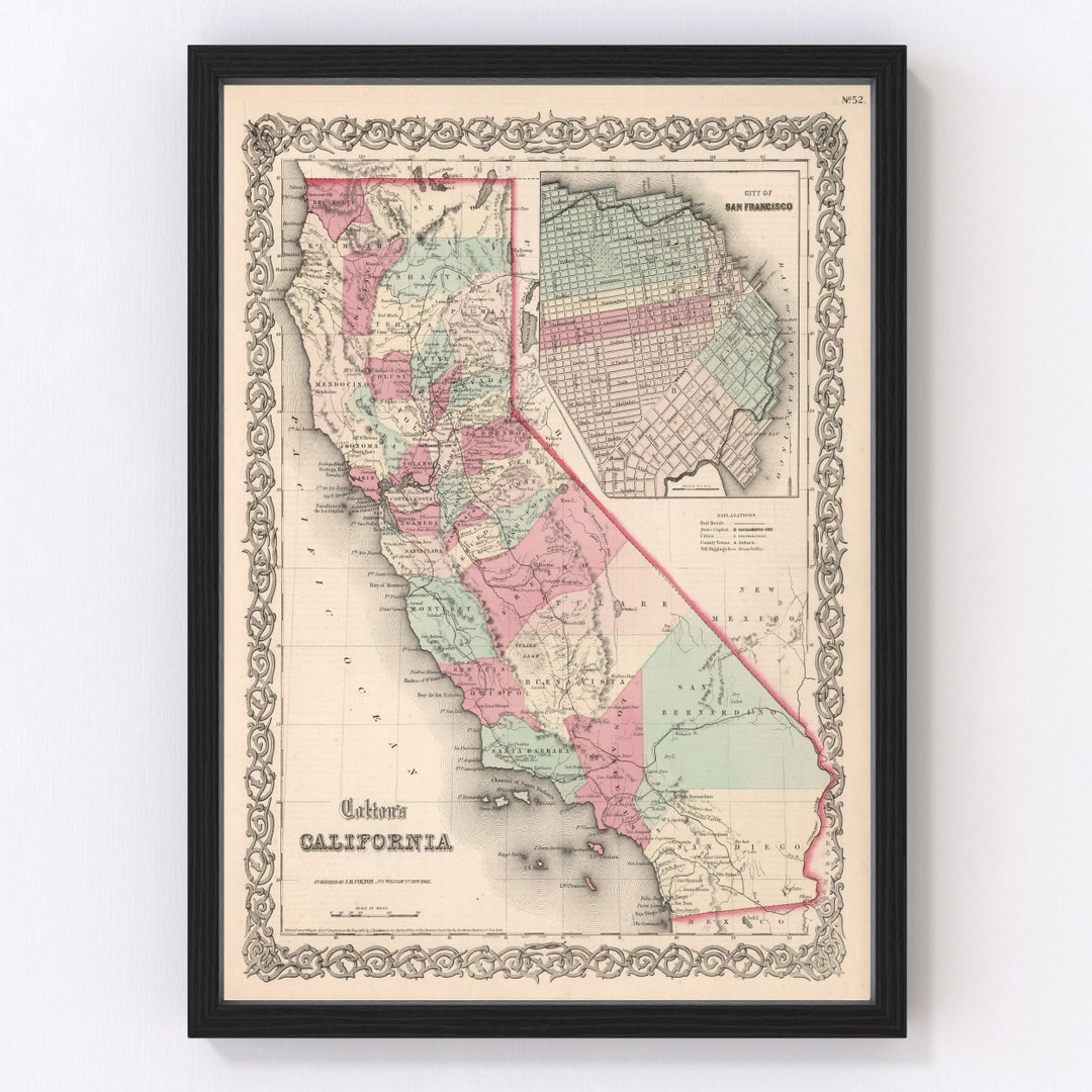 California Map 1861, Vintage California Map, Old California Art, Wall ...