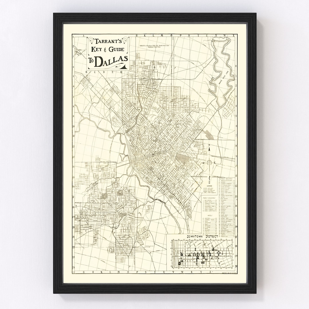 Dallas Map 1925 Old Map of Dallas Texas Art Vintage Print Framed Canvas ...