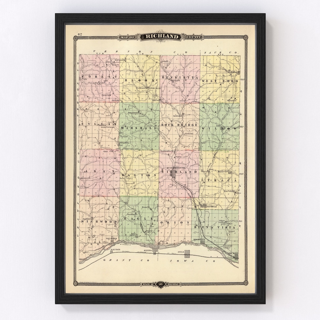 Richland County Map 1878, Vintage Richland County Map, Old Richland ...
