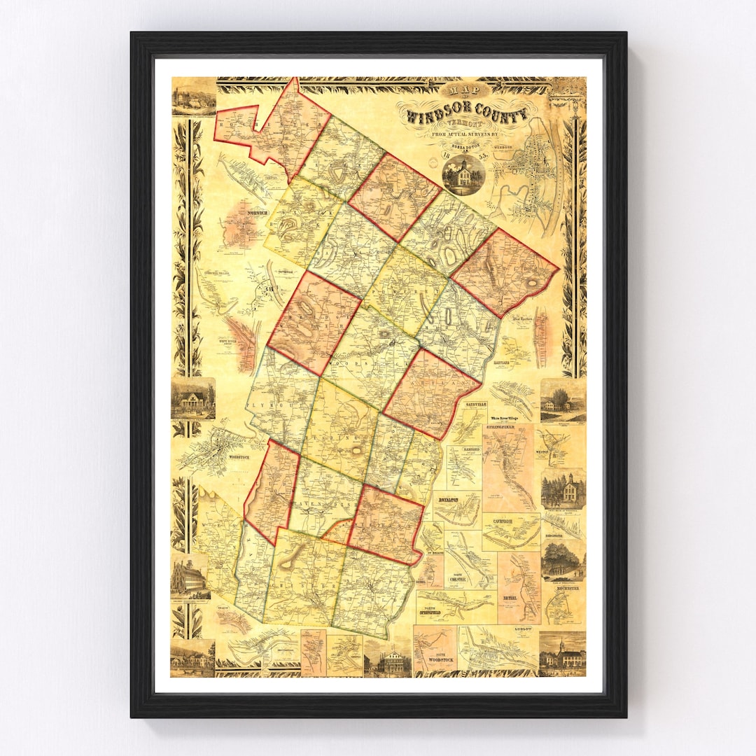 Windsor County, Vermont Vintage Map From 1855 - Old County Map Art ...