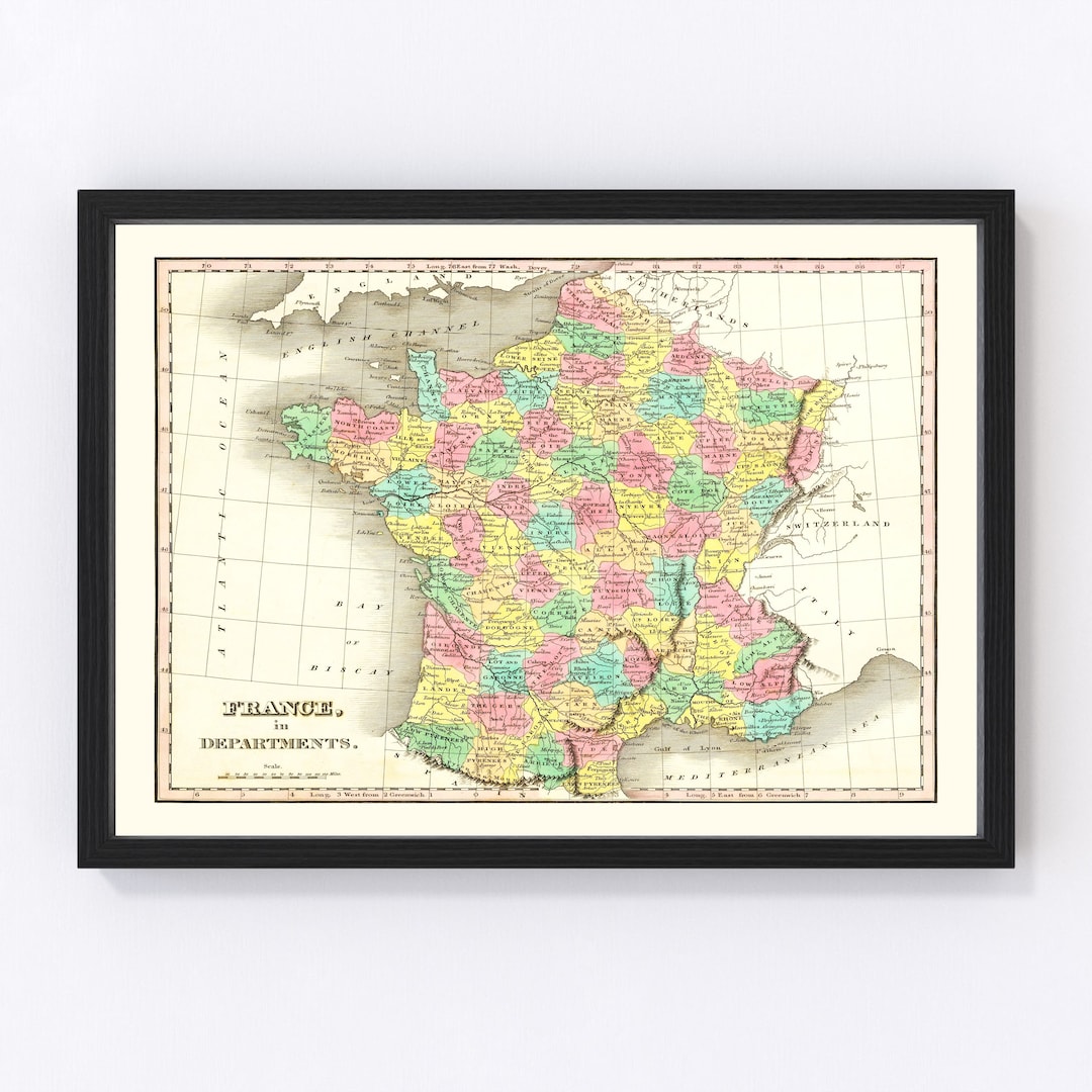 France Map Art Vintage Print From 1831 Old France Art Framed or Canvas ...