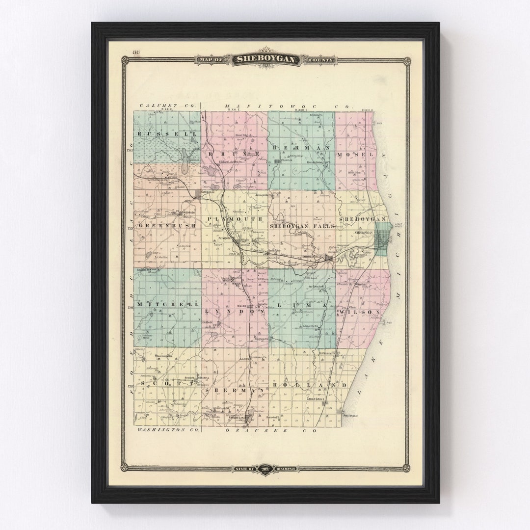 Sheboygan County Map 1878, Vintage Sheboygan County Map, Old Sheboygan ...