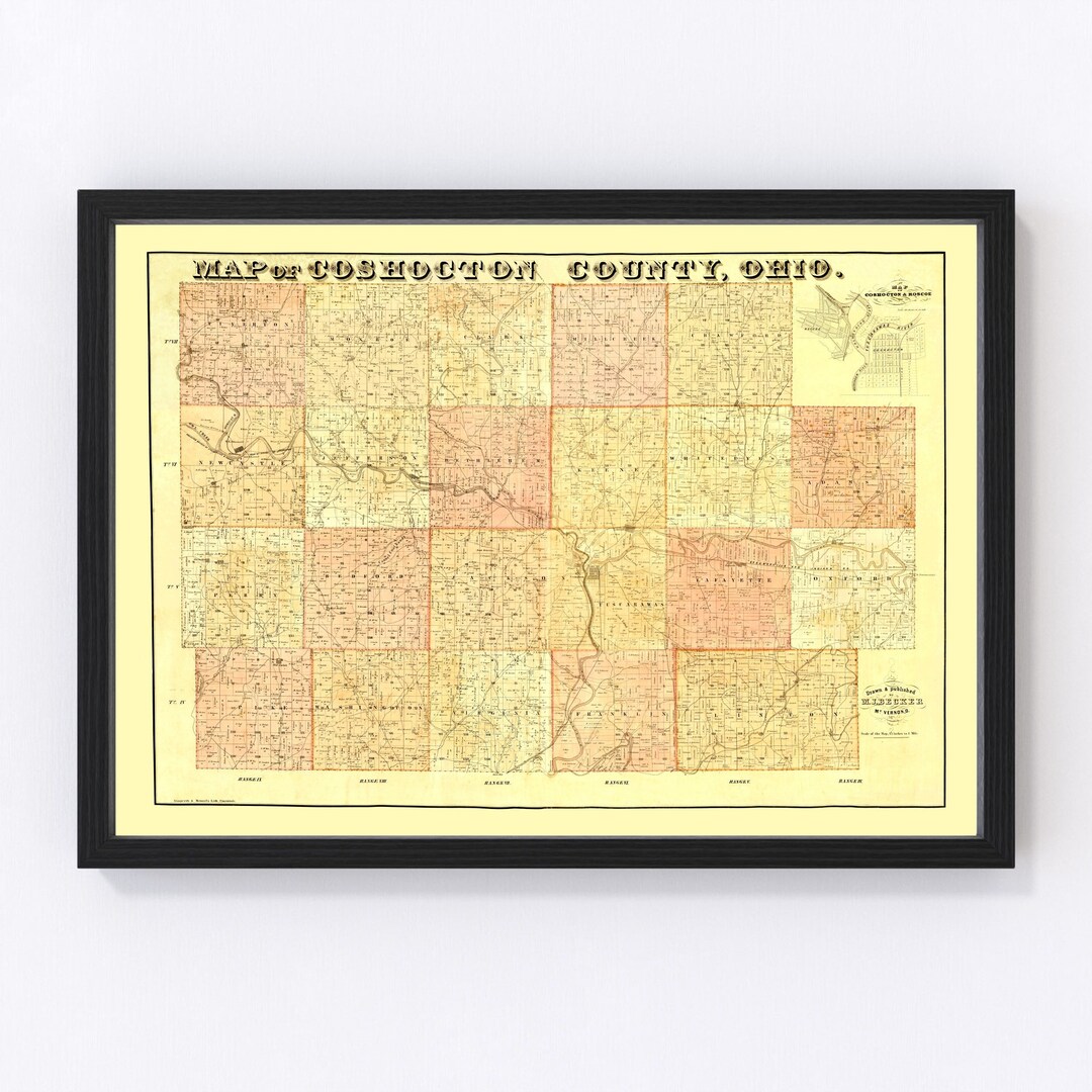 Coshocton County Map 1850, Vintage Coshocton County Map, Old Coshocton ...