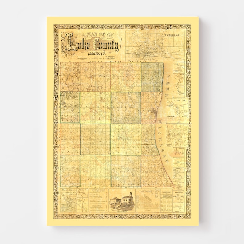 Lake County Map 1861, Vintage Lake County Map, Old Lake County Illinois ...