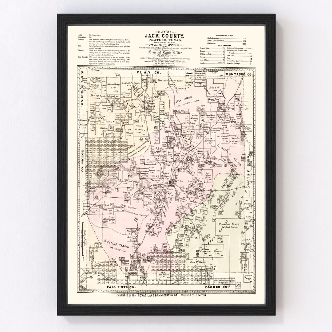 Jack County Map 1876, Vintage Jack County Map, Old Jack County Texas ...