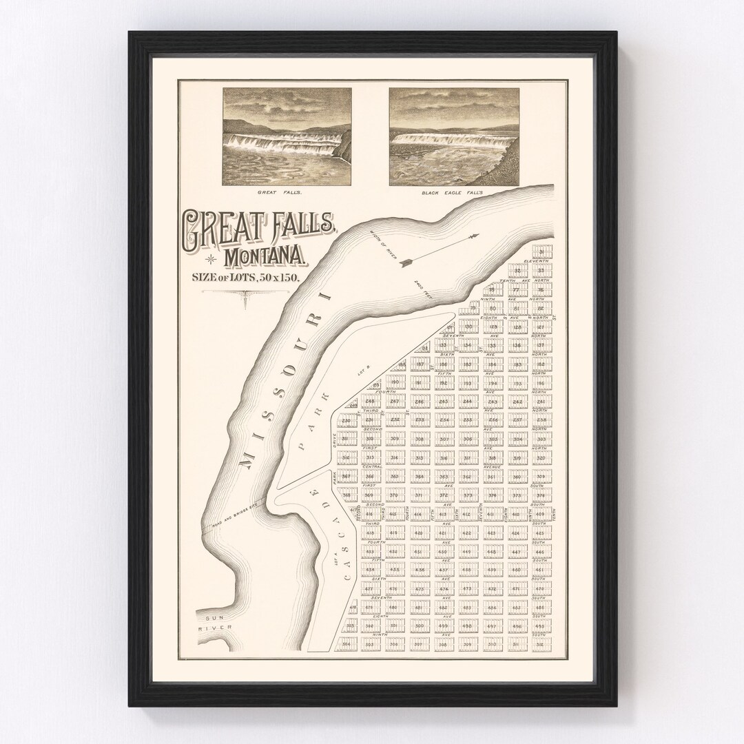 Great Falls Map 1883 Old Map of Great Falls Montana Art Vintage Print ...