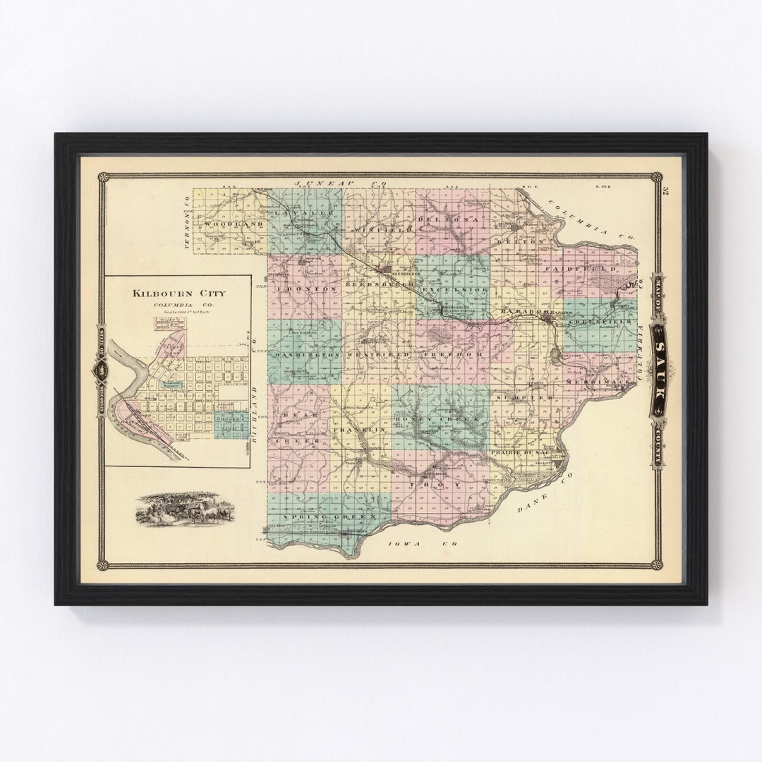 Sauk County Map 1878, Vintage Sauk County Map, Old Sauk County ...