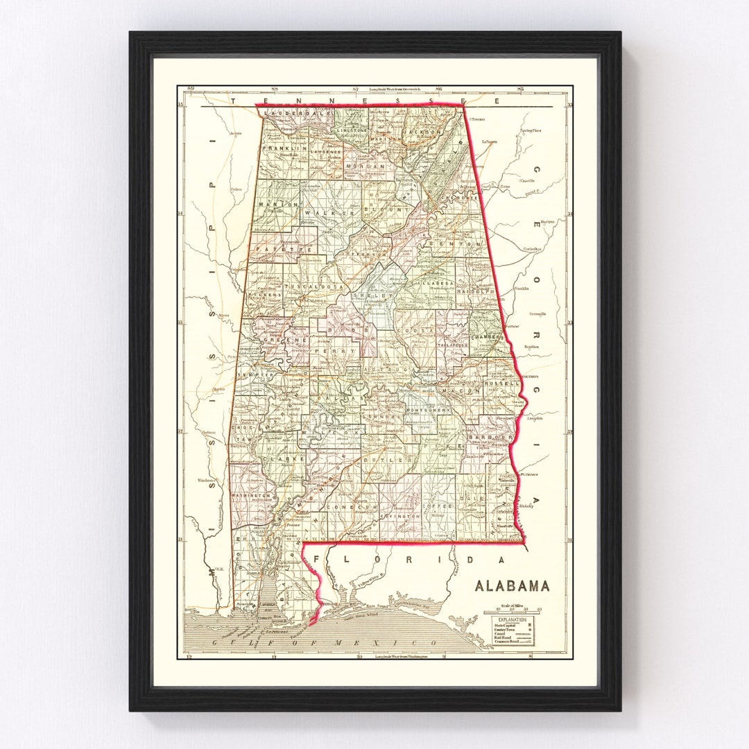 Alabama Map 1856 Old Map of Alabama Art Vintage Print Framed Wall Art ...