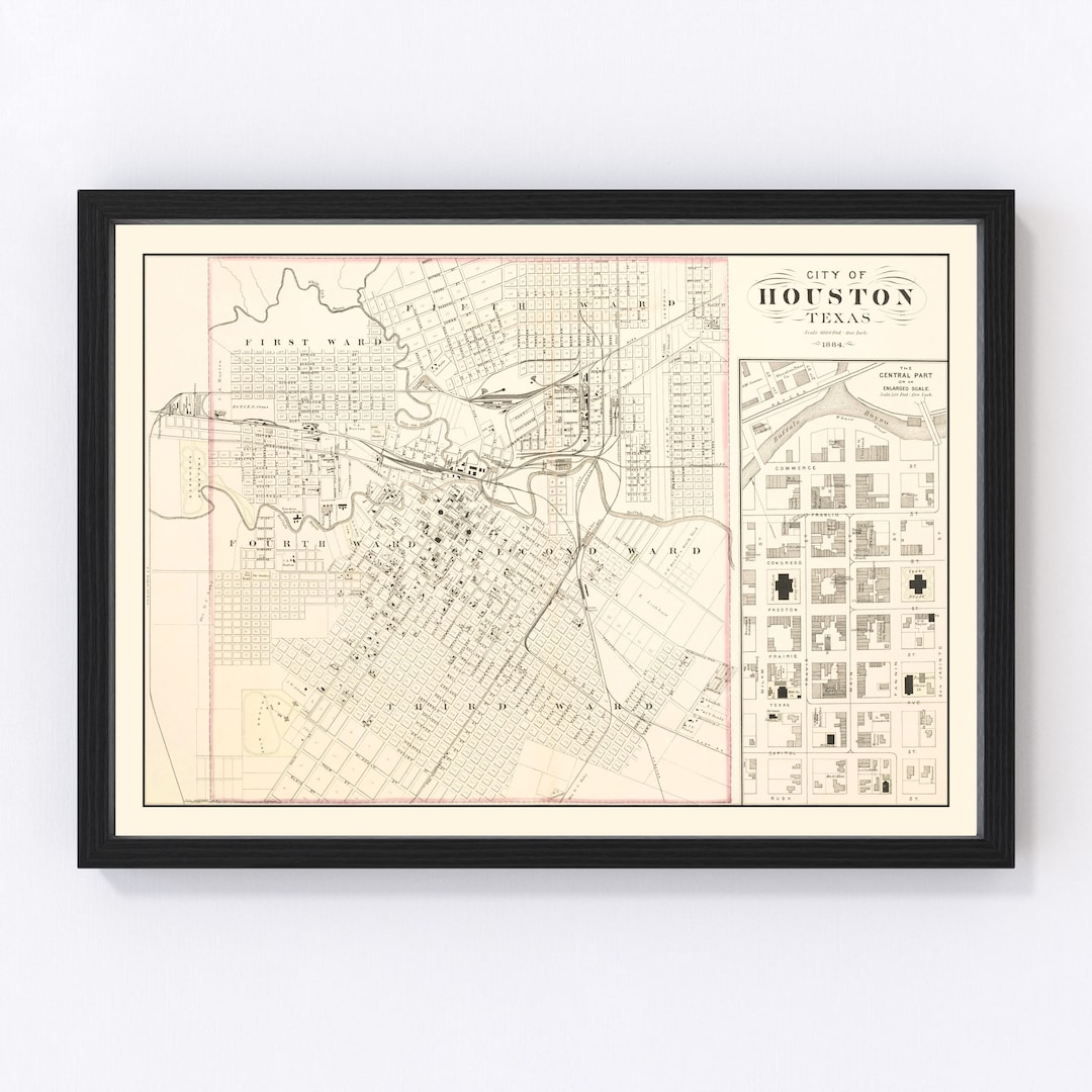 Houston Map 1884 Old Map of Houston Texas Art Vintage Print Framed ...