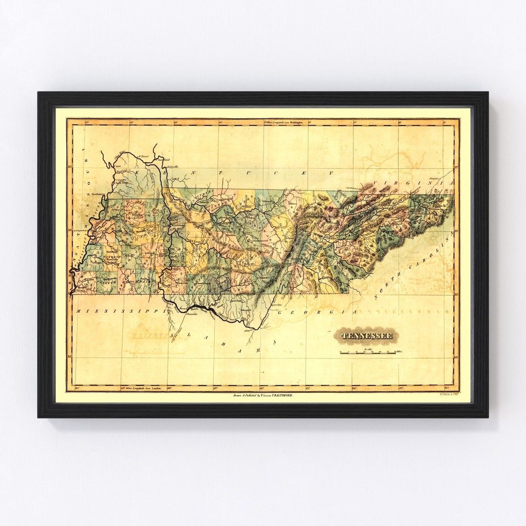 Tennessee Map 1826 - Old Map of Tennessee Art Vintage Print Framed Wall ...