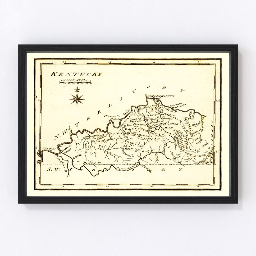 Kentucky Map 1795, Vintage Kentucky Map, Old Kentucky Art, Wall Art ...