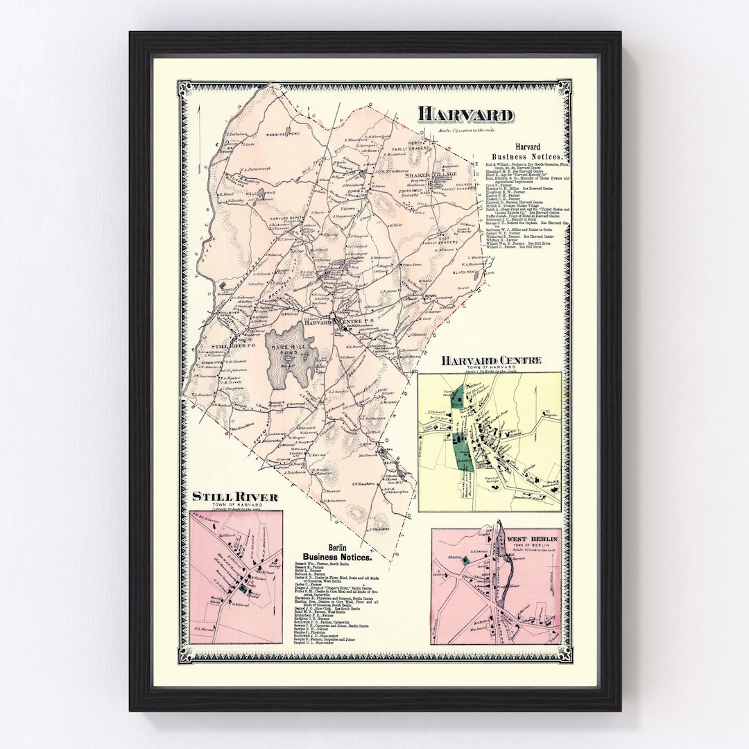 Harvard Map 1870 - Old Map of Harvard Massachusetts Art Vintage Print ...