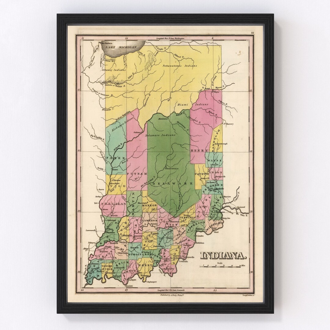 Indiana Map 1824 - Old Map of Indiana Art Vintage Print Framed Wall Art ...