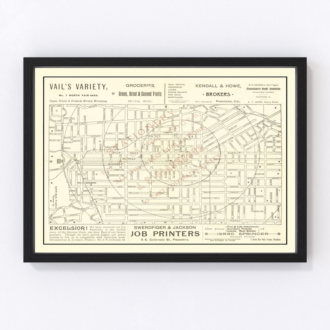 Pasadena Map 1893, Vintage Pasadena Map, Old Pasadena California Art ...