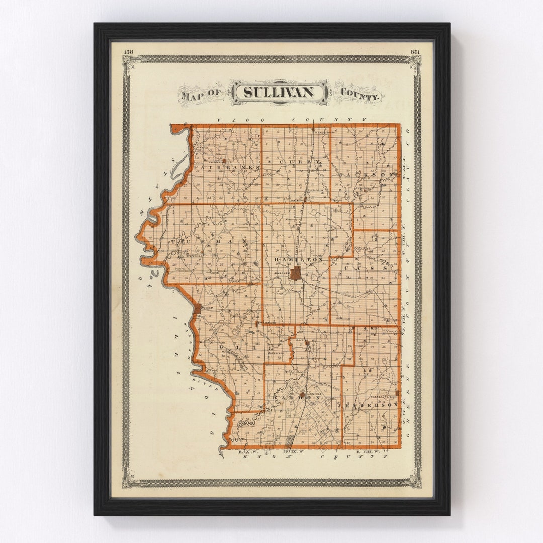 Sullivan County Map 1876, Vintage Sullivan County Map, Old Sullivan ...