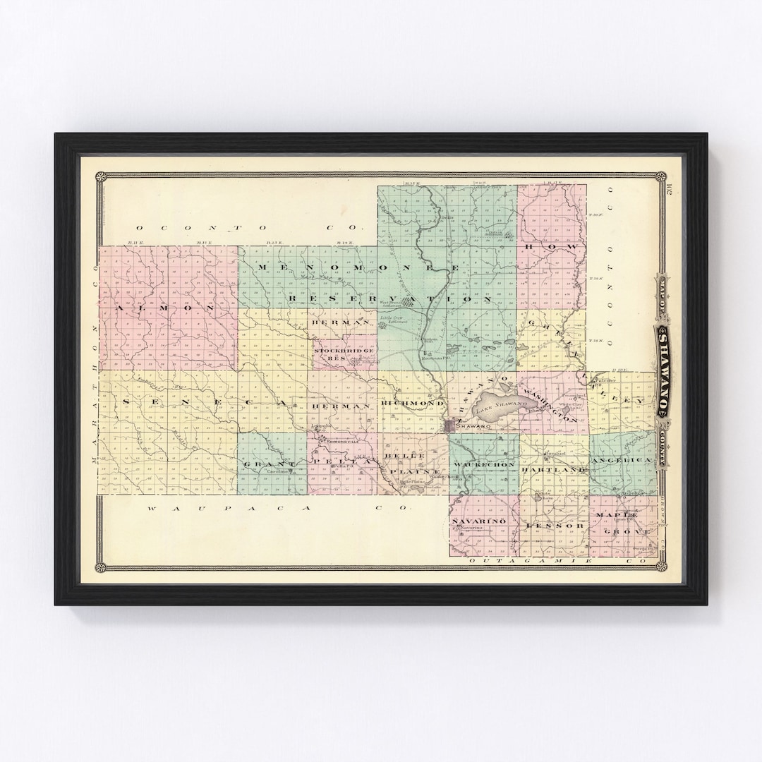 Shawano County Map 1878, Vintage Shawano County Map, Old Shawano County ...