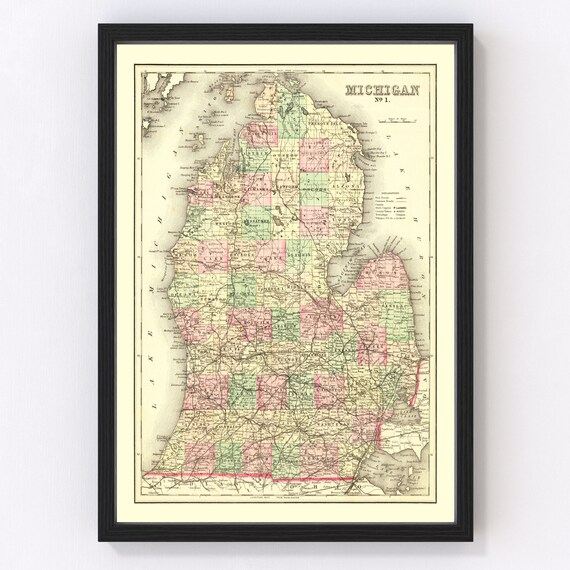 Michigan Map 1875 Old Map of Michigan Art Vintage Print - Etsy