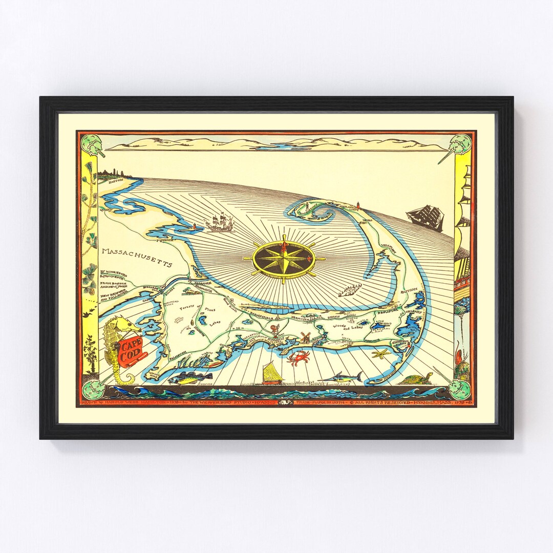 Cape Cod Map 1938 Old Map of Cape Cod Art Vintage Print Framed Wall Art ...
