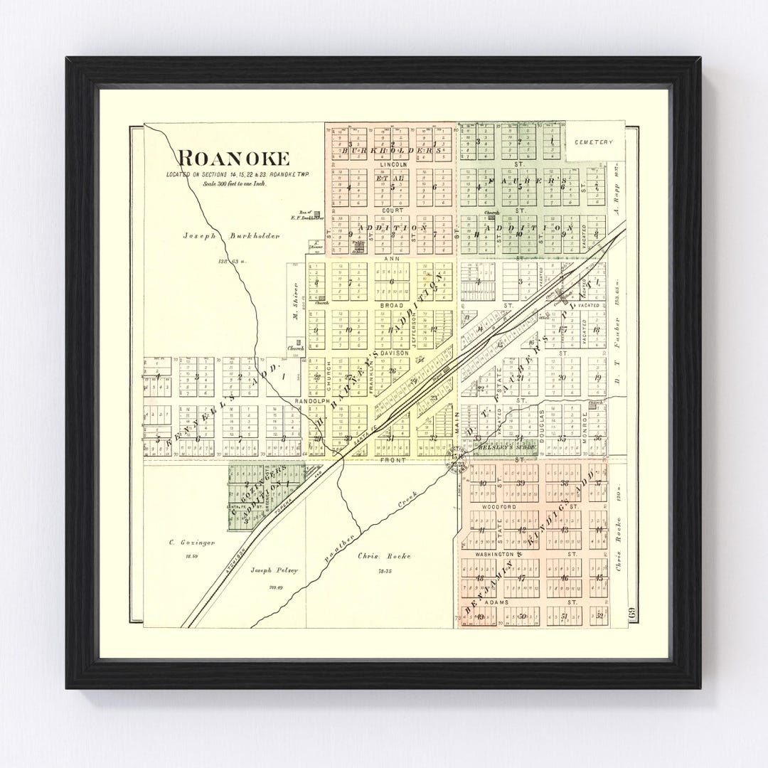 Roanoke Map 1893, Vintage Roanoke Map, Old Roanoke Illinois Art, Wall ...