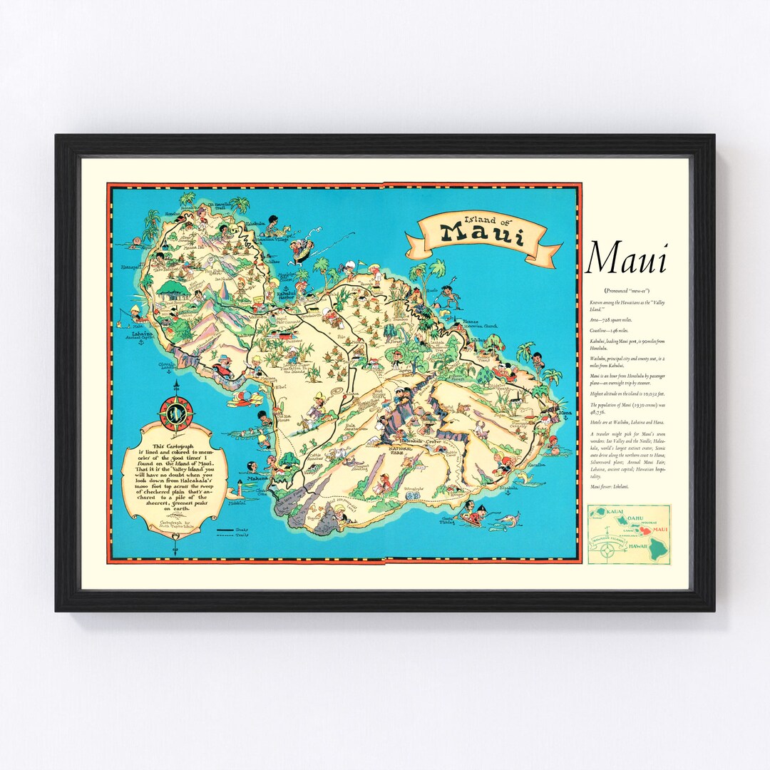 Maui Map 1935 Old Map of Maui Art Vintage Print Framed Wall Art Canvas ...