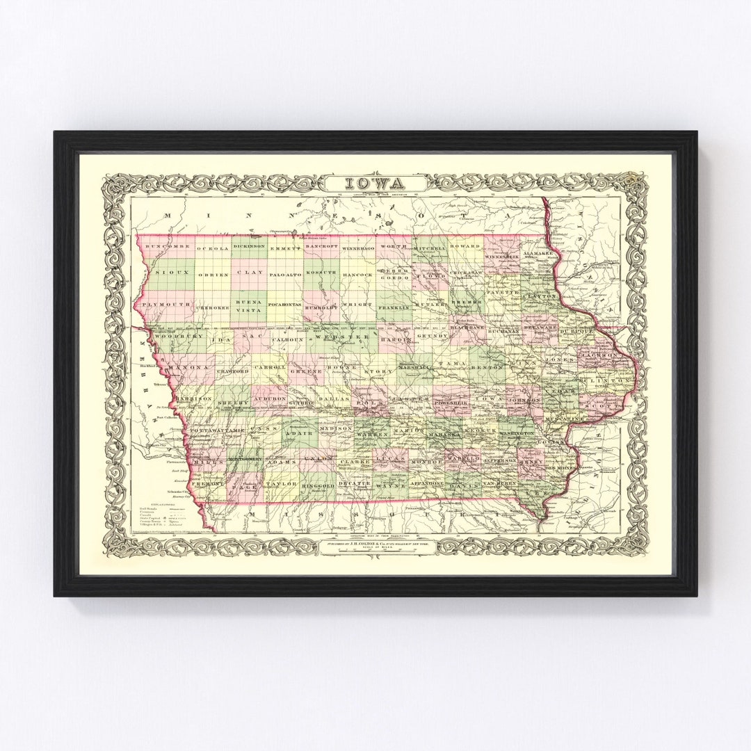 Iowa Map 1856, Vintage Iowa Map, Old Iowa Art, Wall Art Gift for Iowa ...