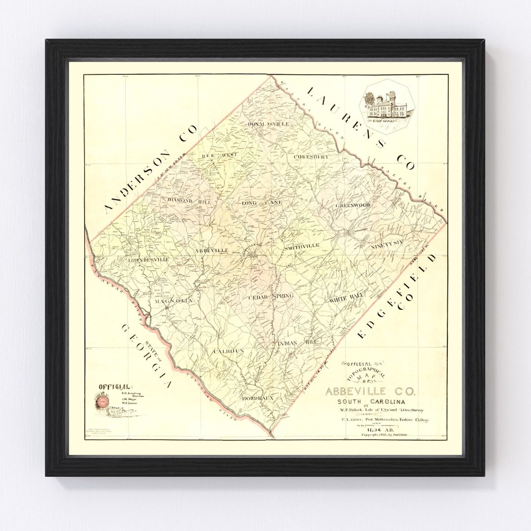Abbeville County Map 1895, Vintage Abbeville County Map, Old Abbeville ...