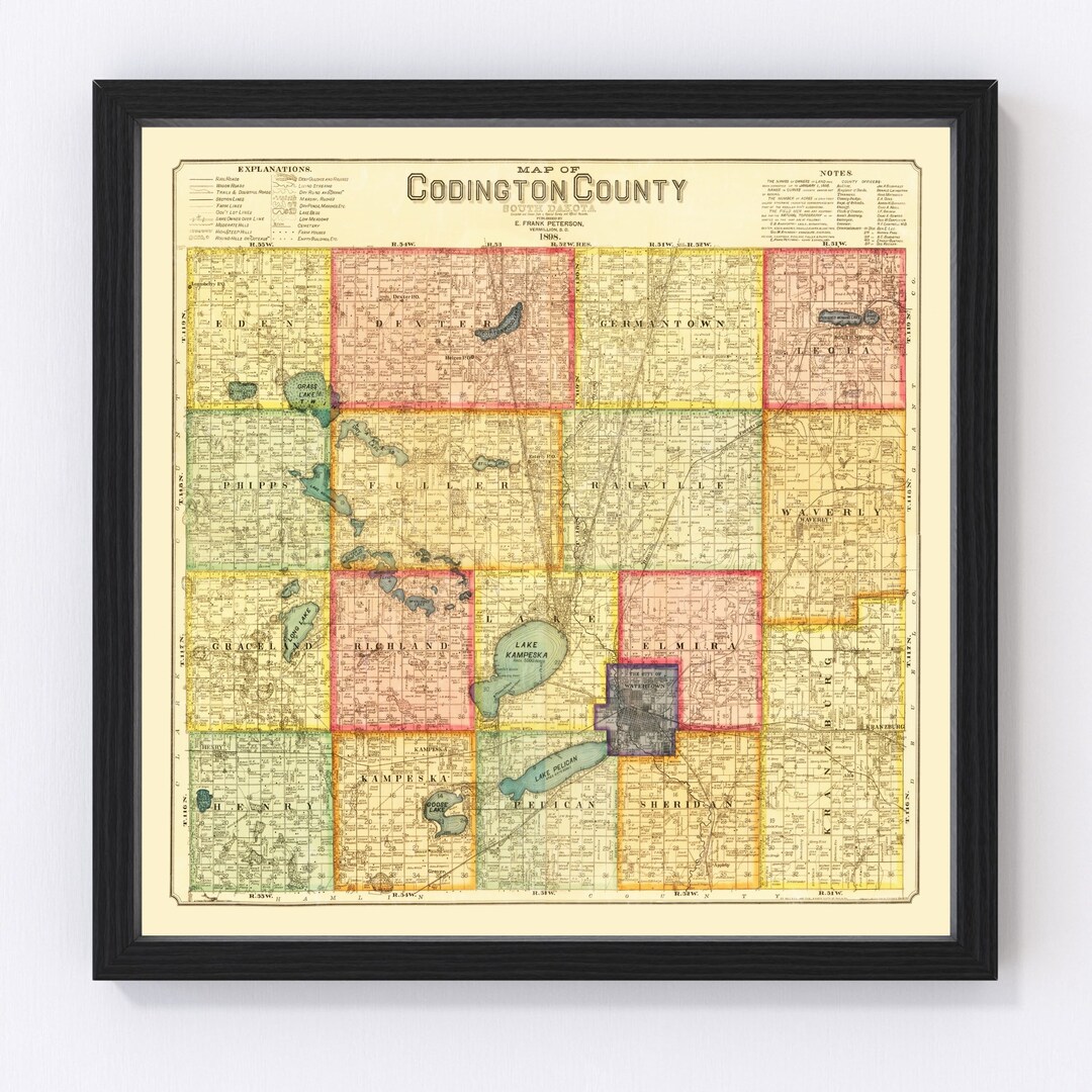 Codington County Map 1898, Vintage Codington County Map, Old Codington ...