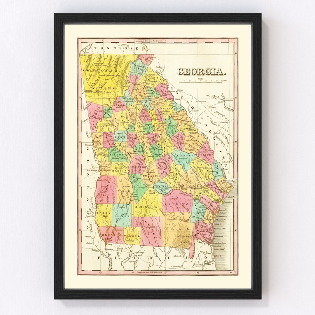 Georgia Map 1831 Old Map of Georgia Art Vintage Print Framed Wall Art ...