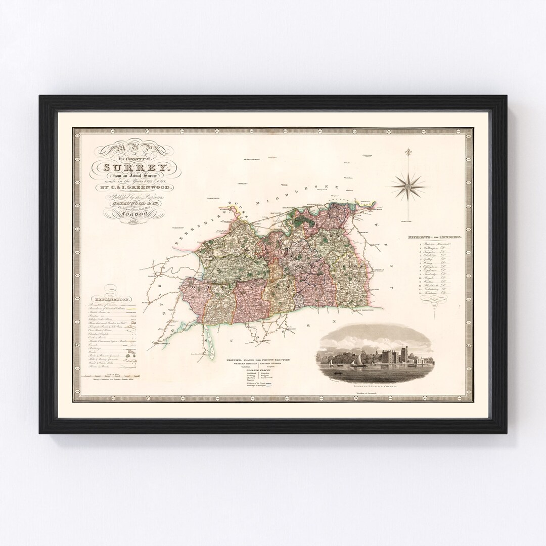 Surrey England Map 1829 Old Map of Surrey England England Art Vintage ...