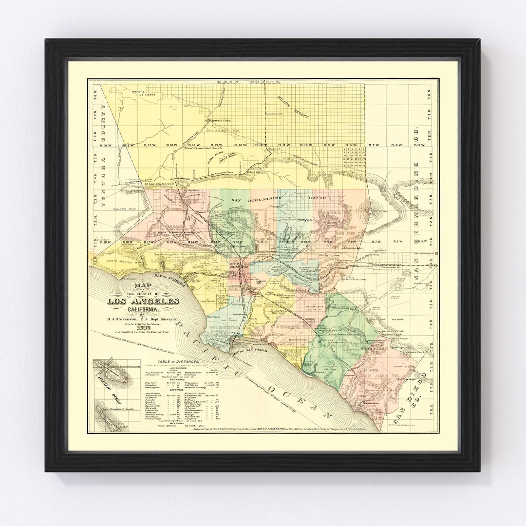 Los Angeles County Map 1880, Vintage Los Angeles County Map, Old Los ...