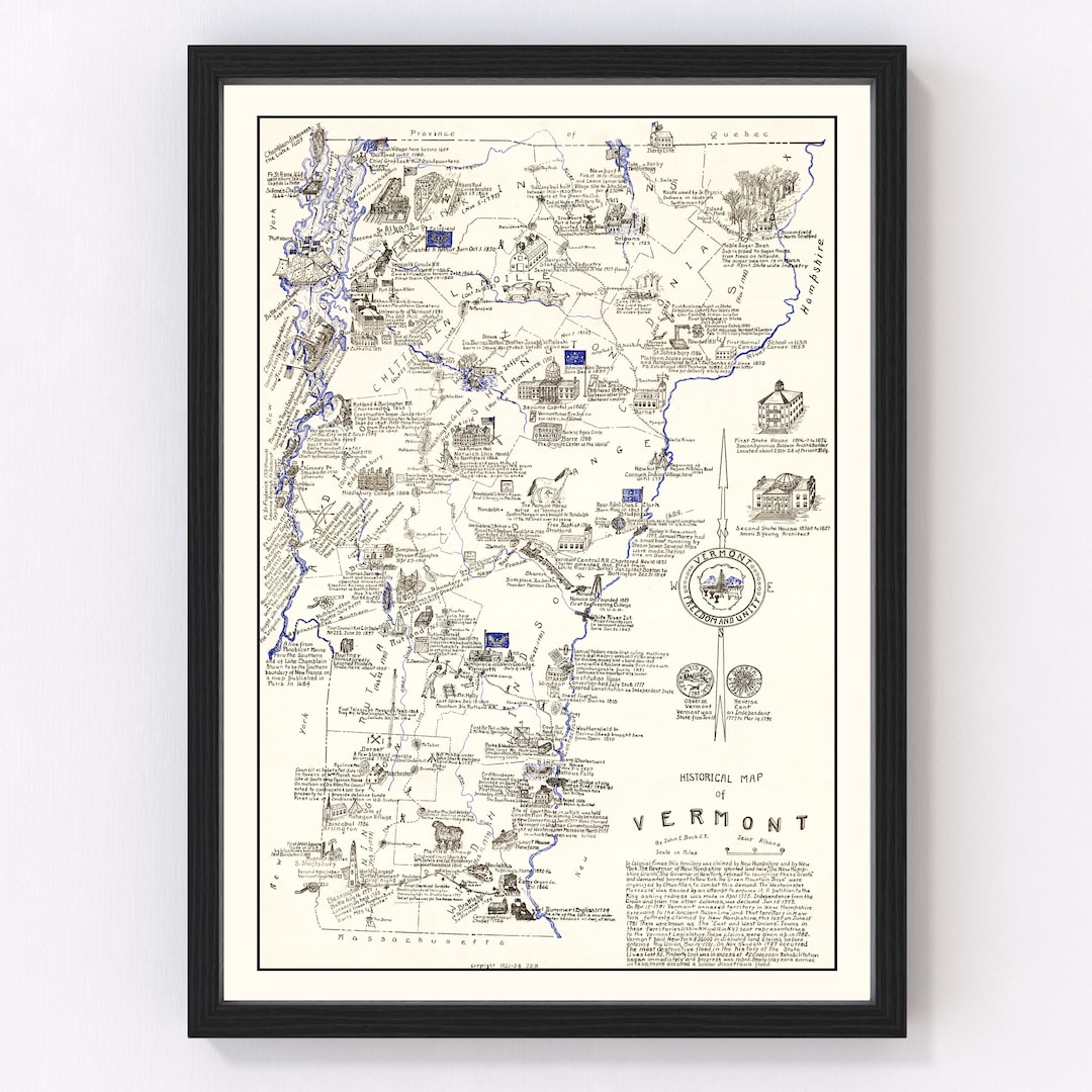 Vermont Map 1934 - Old Map of Vermont Art Vintage Print Framed Wall Art ...