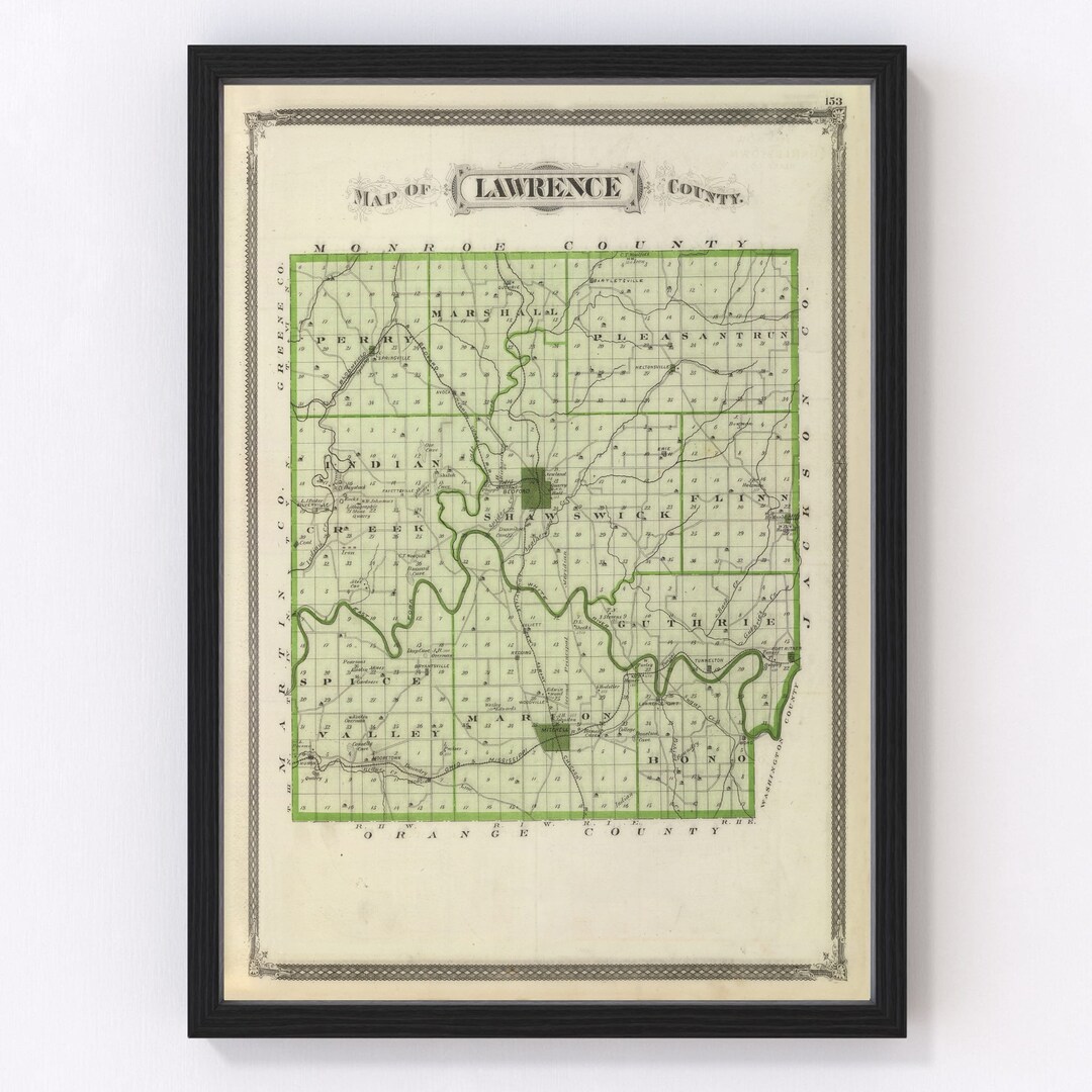 Lawrence County IN Map 1876 Old Map of Bedford Indiana Art Vintage ...