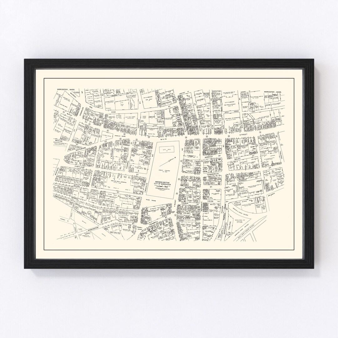 Worcester Map 1946 Old Map of Worcester Business Section Massachusetts ...