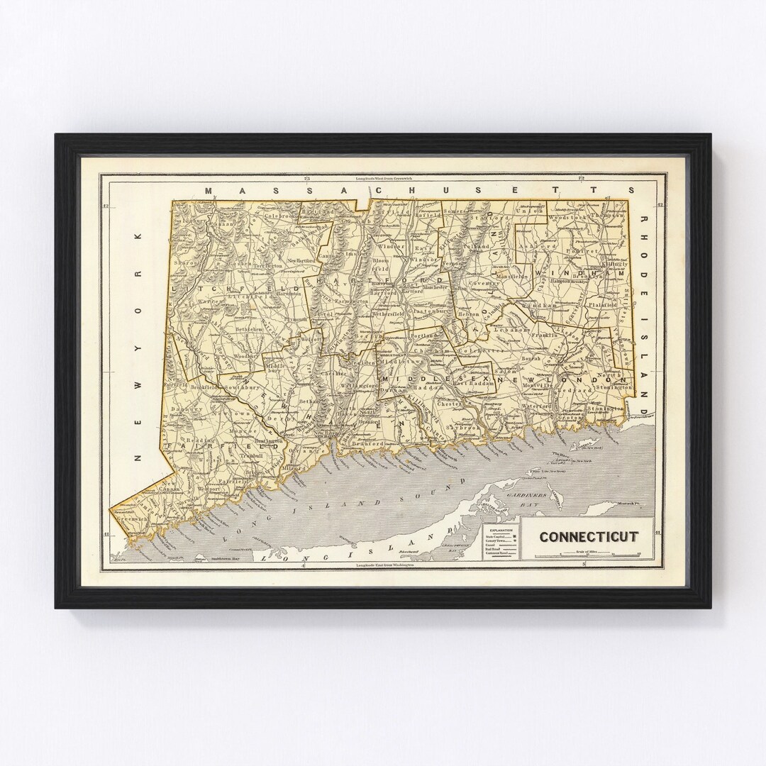 Connecticut Map 1842 Old Map of Connecticut Art Vintage Print Framed ...