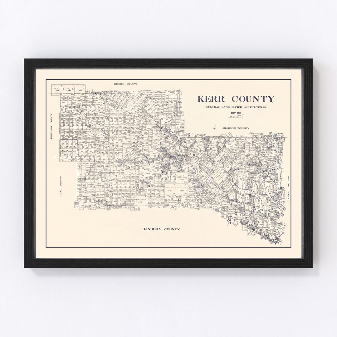 Kerr County TX Map 1923 Old Map of Texas Art Vintage Print Framed ...