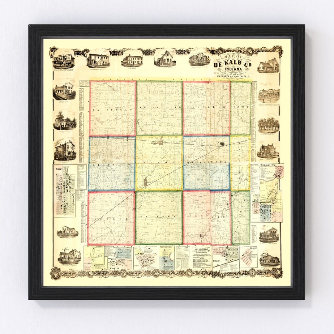 De Kalb County Map 1863, Vintage De Kalb County Map, Old De Kalb County ...