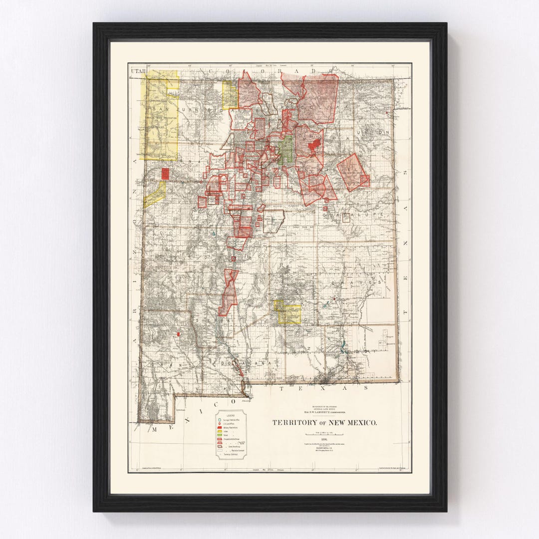 New Mexico Map 1896 Old Map of New Mexico Art Vintage Print Framed Wall ...